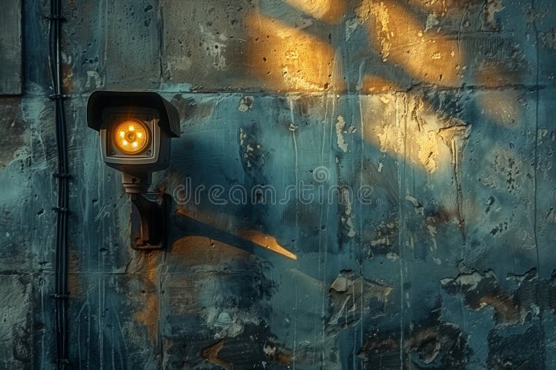 Illuminated Security Camera on Blue Wall Stock Image - Image of ...