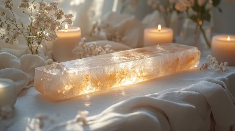 Illuminated Selenite Crystal on Elegant White Cloth with Candles Stock ...