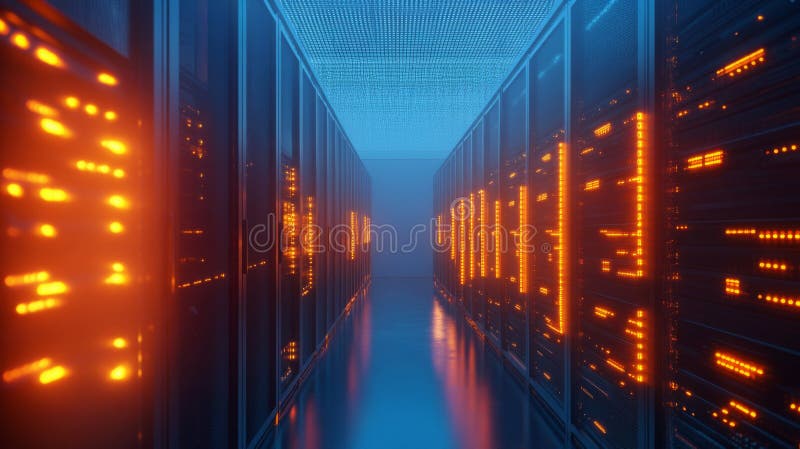 Modern Data Center Server Room Corridor Blue Orange Lighting Stock ...