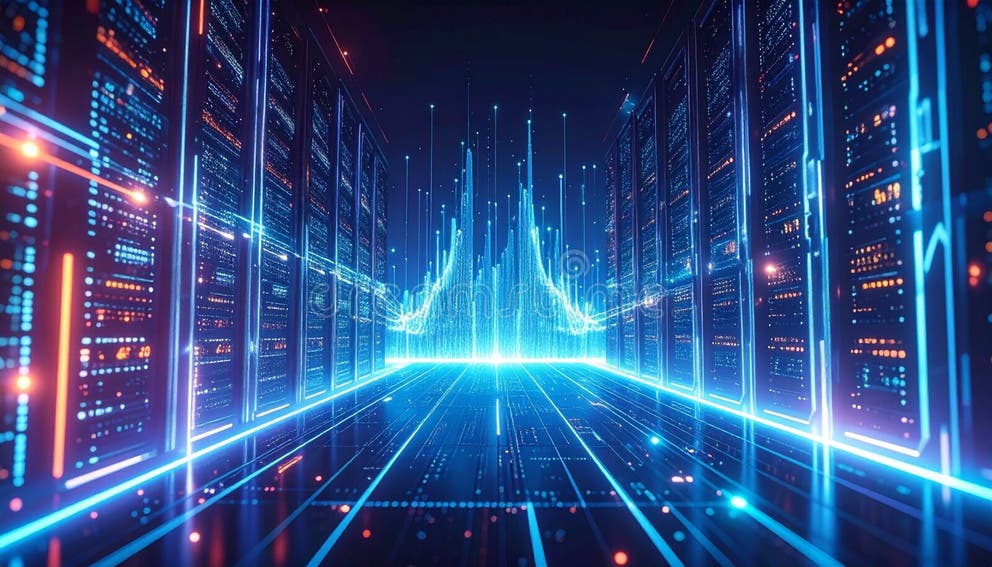 An Illuminated Server Corridor Reveals a Glowing Blue Frequency Pattern, Merging Data ...