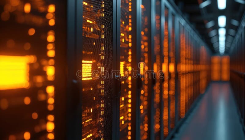 Illuminated Server Rack in Data Center. Orange Lights Glow. Modern Tech ...