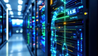 Illuminated Server Rack in Modern Data Center Stock Photo - Image of ...