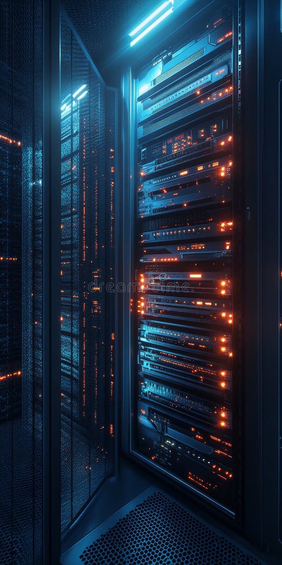 Illuminated Server Rack in Modern Datacenter with Advanced Hardware ...