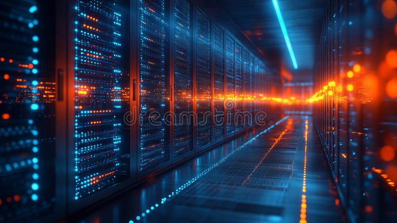 Illuminated Server Racks in a Dark Data Center with Orange and Blue ...