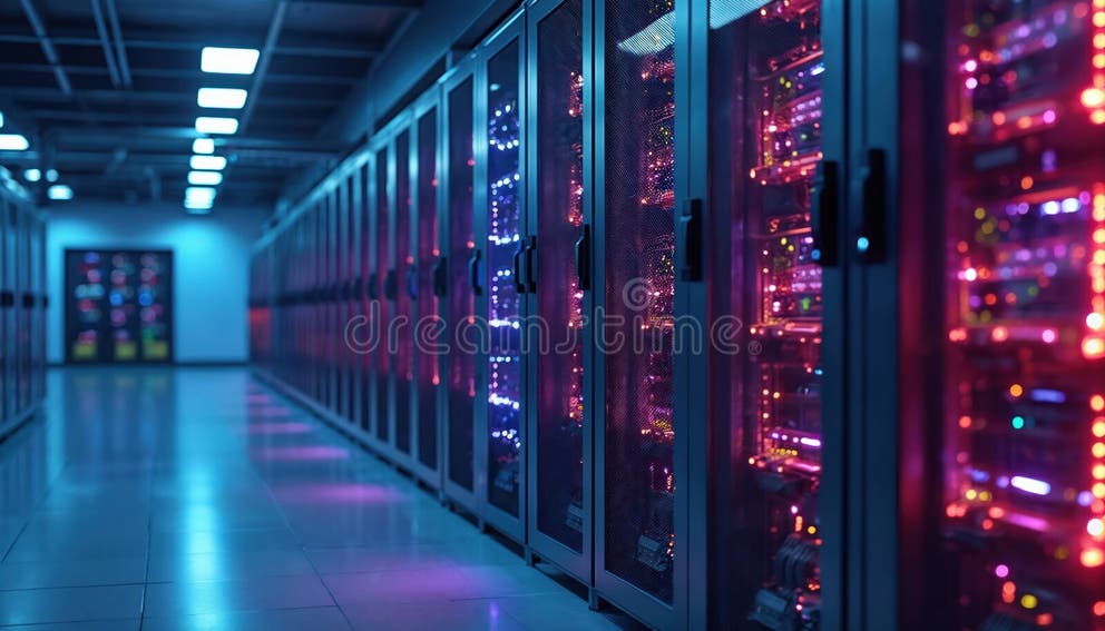 Illuminated Server Racks in Data Center. Digital Information Storage ...