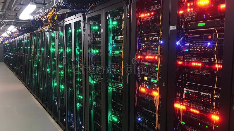 Illuminated Server Racks Stand in a Row with Vibrant Green and Red ...