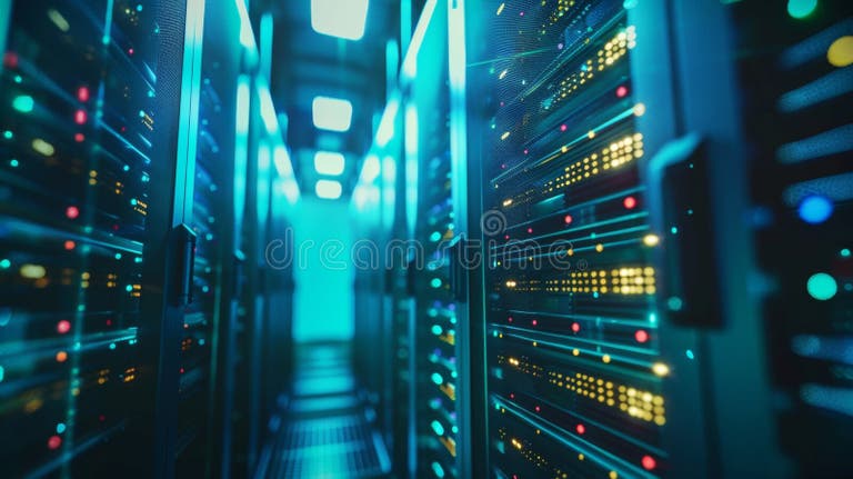 Illuminated Server Room with Blue Lighting Stock Image - Image of ...