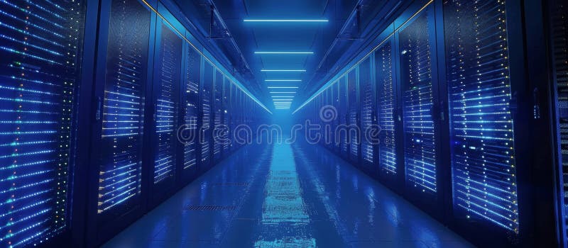 Illuminated Server Room with Blue Neon Lights and Data Racks Stock ...