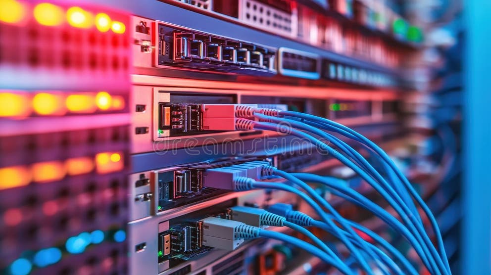 Illuminated Server Room CloseUp Cables Network Hardware Connectivity ...