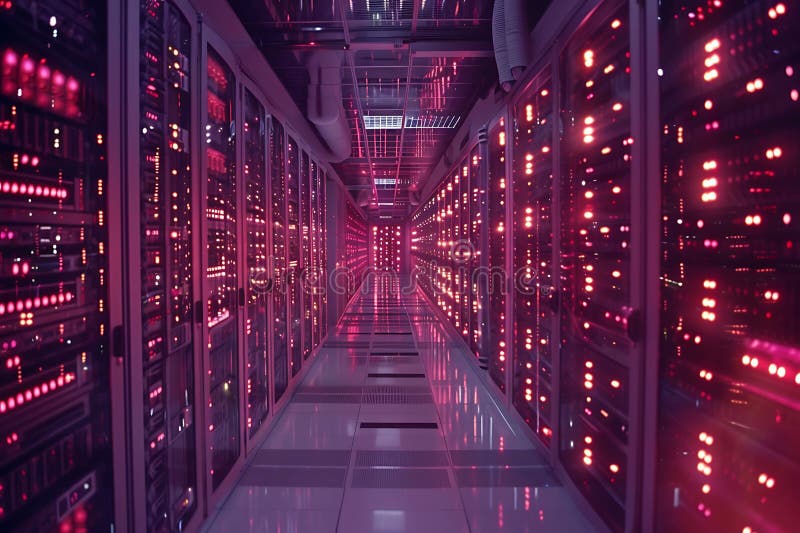 Illuminated Server Room Corridor with Data Racks Stock Illustration ...