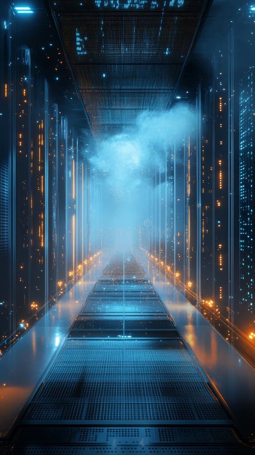 Illuminated Server Room Corridor with Futuristic Data Center Aesthetic ...