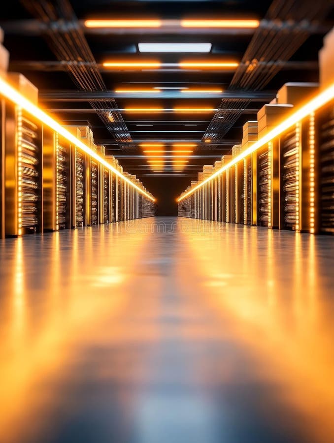 Illuminated Server Room Corridor Modern Data Center Technology ...