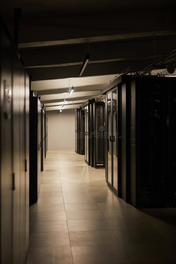 Illuminated Server Room Corridor with Network Racks Stock Photo - Image ...