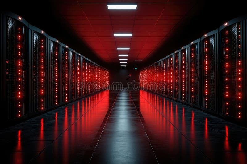 Intriguing Red-Lit Server Room Corridor: Data Center Infrastructure ...