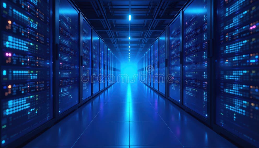 Illuminated Server Room Corridor with Rows of Computer Racks ...