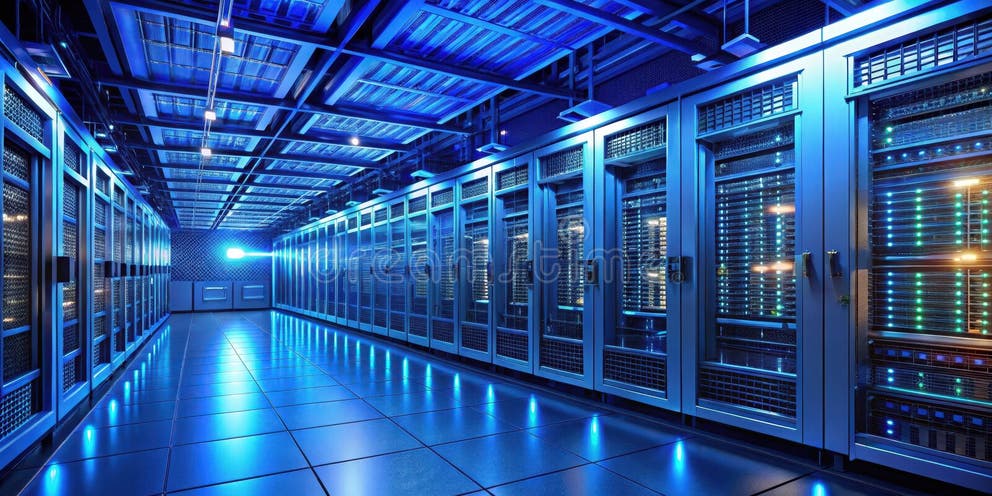 Illuminated Server Room Corridor Rows of Modern Data Center Racks with ...