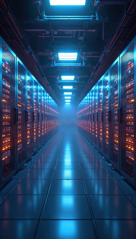 Illuminated Server Room Data Center. High Tech Networking Infrastructure. Rows Servers Glowing ...