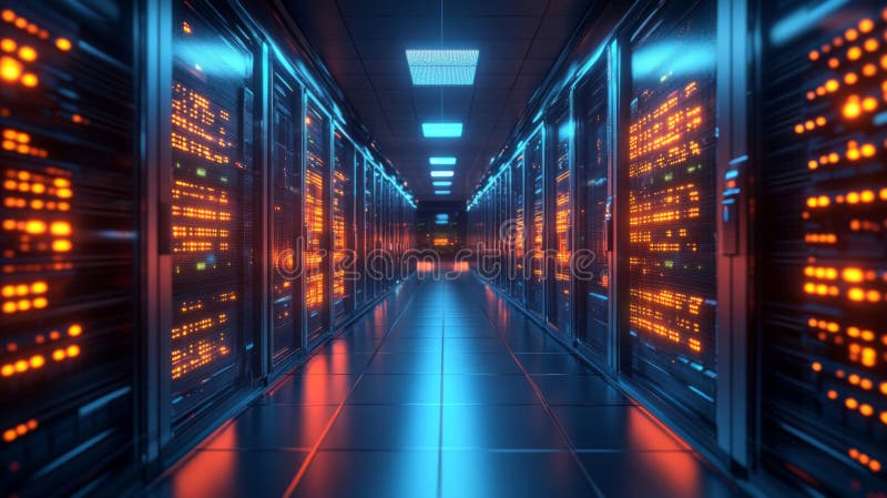 Illuminated Server Room with Data Storage Racks in Blue and Orange Glow ...