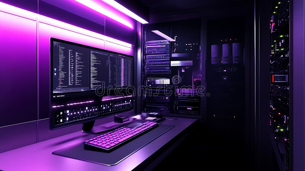 Illuminated Server Room with Desktop Monitor and Keyboard Displaying Data Processing Information ...