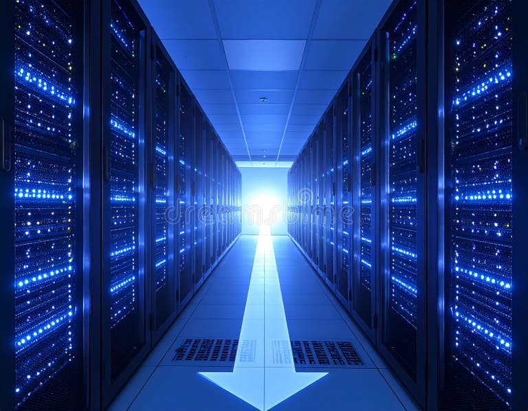 Illuminated Server Room Hallway with an Arrow Pointing Towards the ...