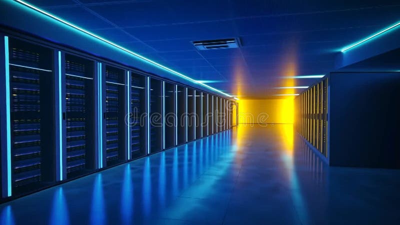 Illuminated Server Room Hallway with Glowing Racks and Floor ...