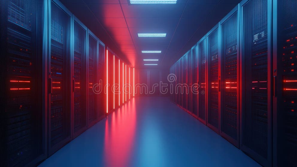 Illuminated Server Room Hallway, a Look into Modern Network ...
