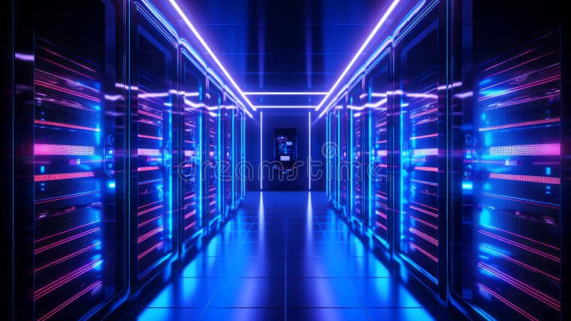 Illuminated Server Room of a High Tech Data Center in Vibrant Blue and ...