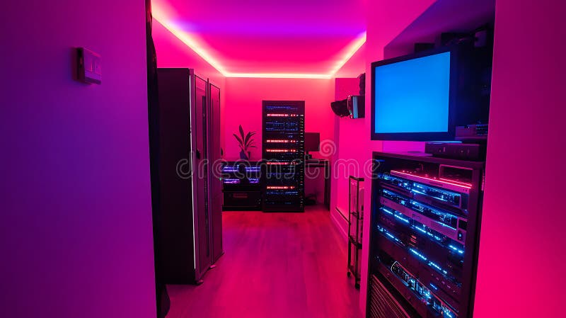 Illuminated Server Room Interior Showcasing Network Equipment Racks ...