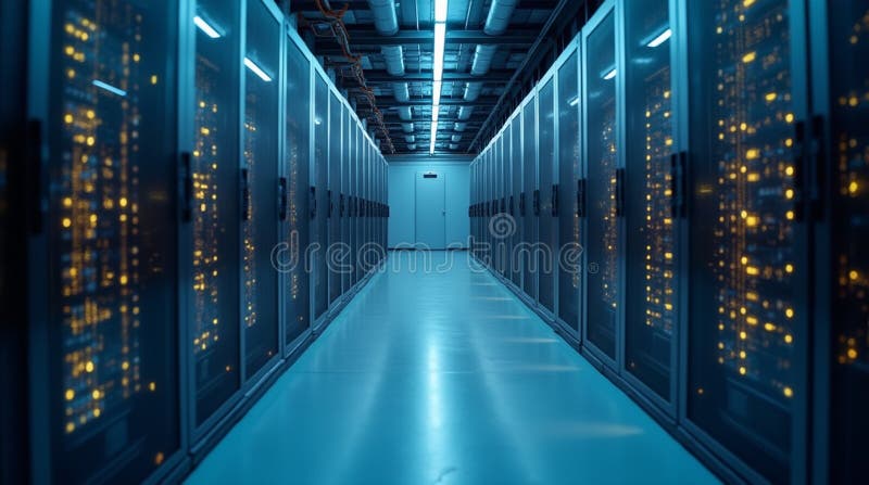 Illuminated Server Room Perspective Stock Photo - Image of blue ...