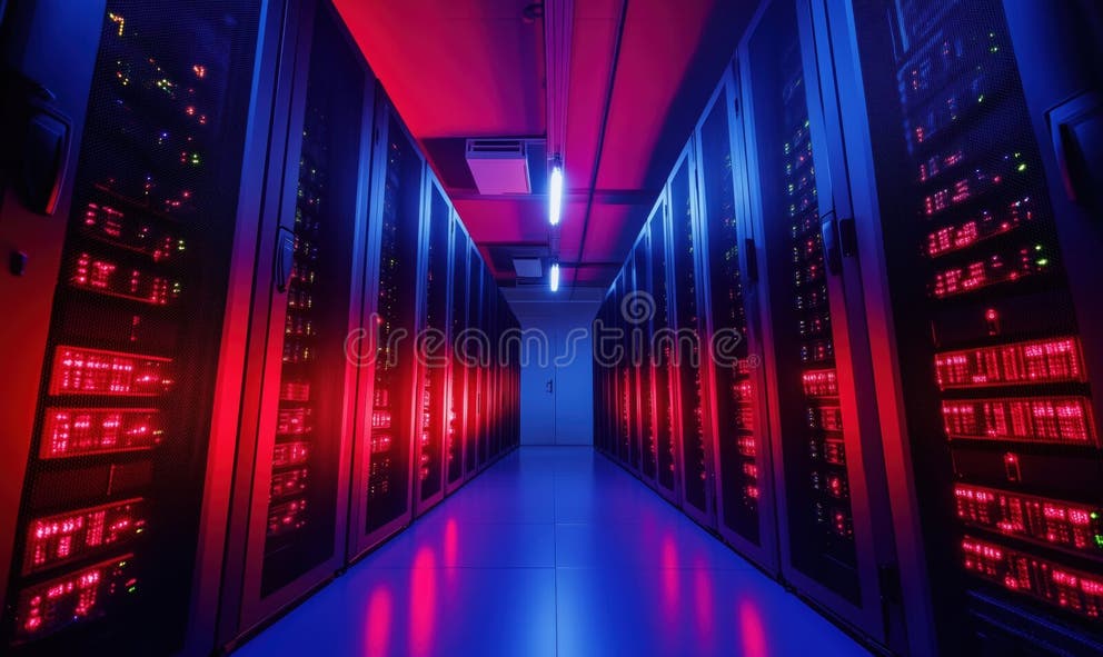 Illuminated Server Room with Red and Blue Lighting Showcasing Data ...