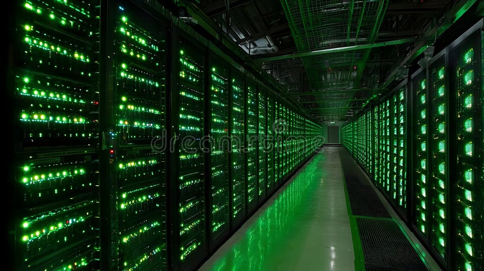 Illuminated Server Room with Rows of Data Racks with Green Lights and ...