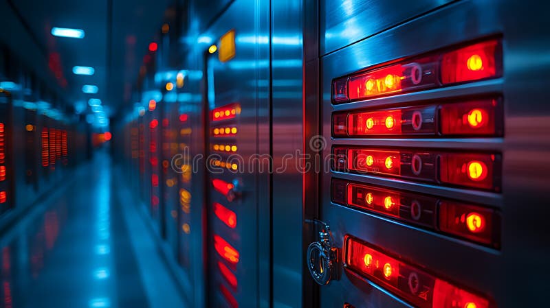 Illuminated Server Room with Rows of Metal Cabinets and Glowing ...