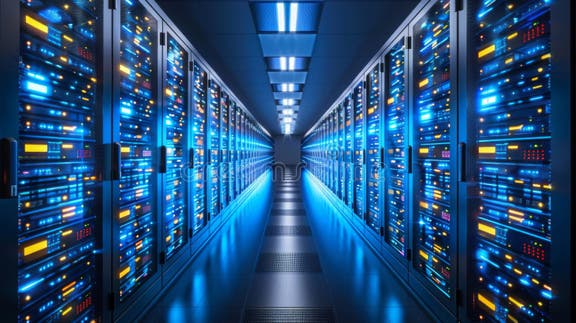 Illuminated Server Room Showcasing Rows of Data Storage Units Connected ...