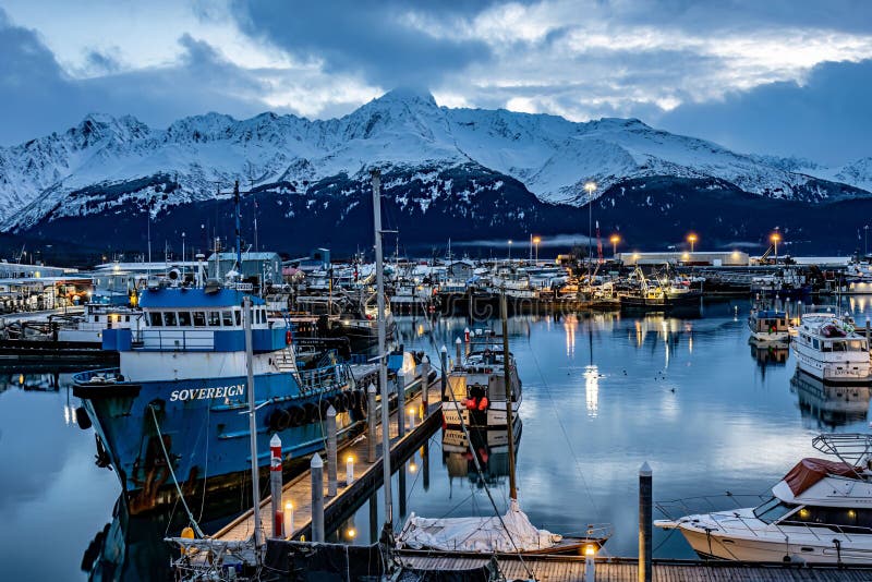 Illuminated Seward Harbor in Resurrection Bay Alaska at the Twilight ...