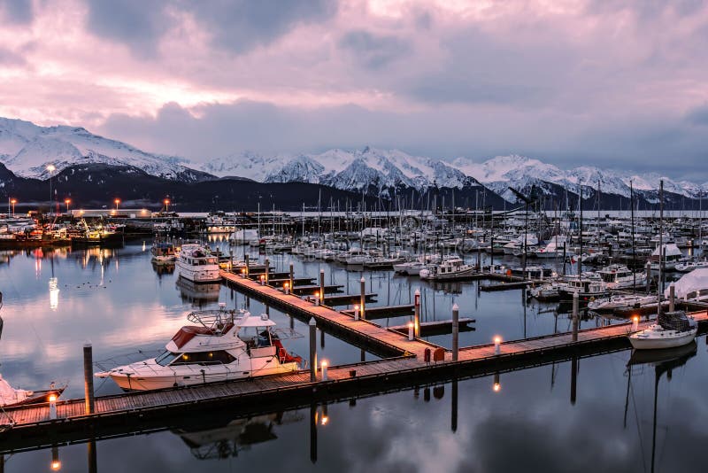 Illuminated Seward Harbor in Resurrection Bay Alaska at the Twilight ...