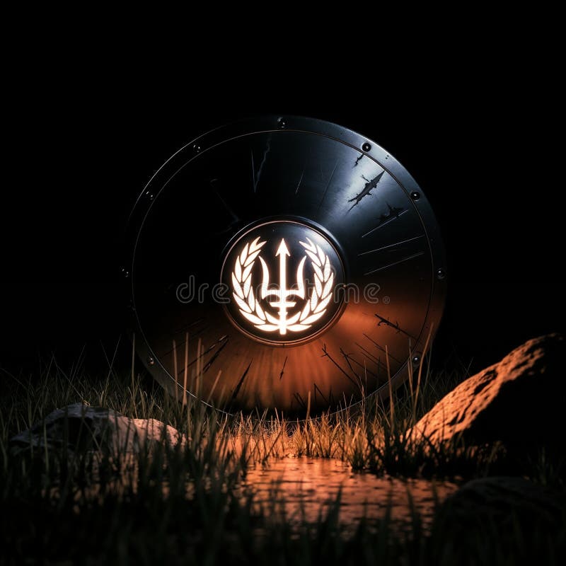 Illuminated Shield with Trident Emblem on Grass at Night Stock ...