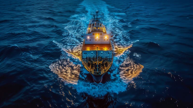 Illuminated Ship Sailing through Dark Ocean Waters Stock Illustration ...