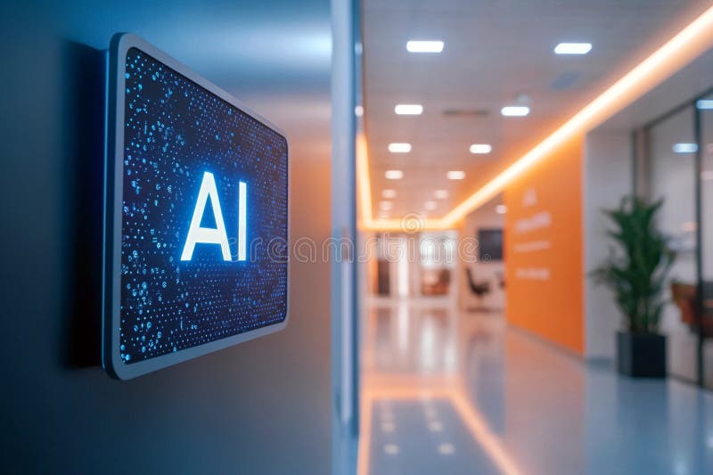 Futuristic AI Technology Sign in Modern Office Corridor Stock ...
