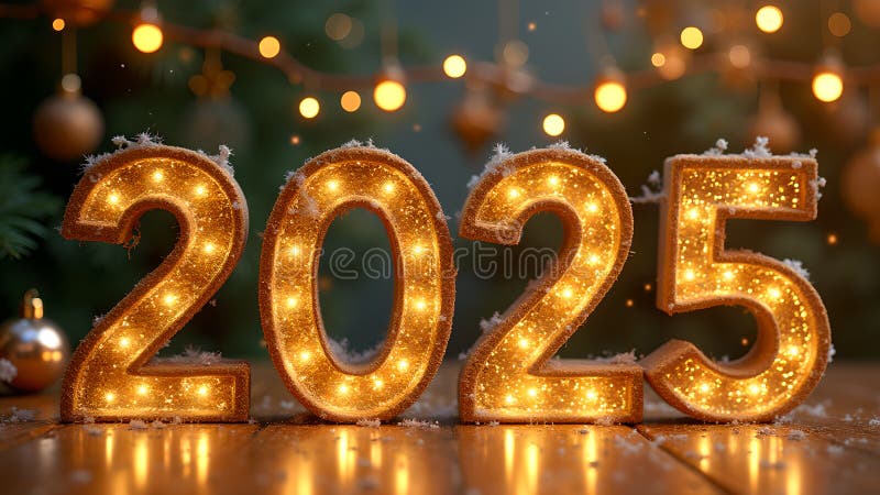 Illuminated 2025 Sign with Festive Lights. Concept of New Year ...