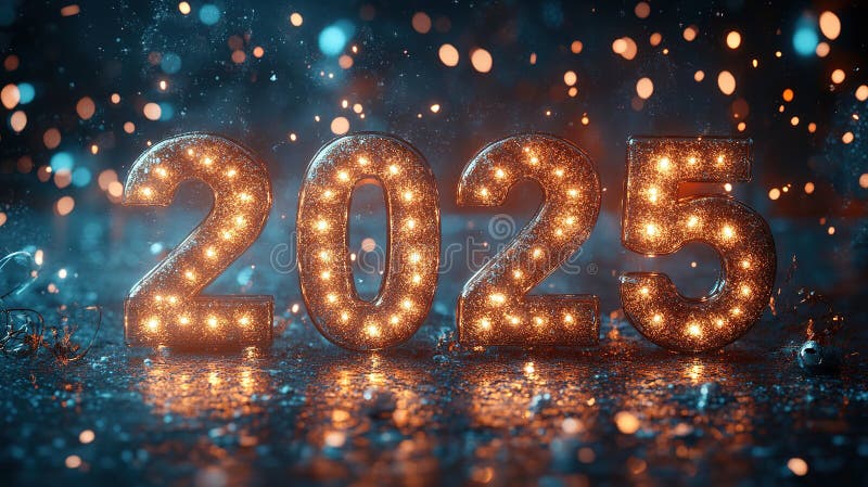 Illuminated 2025 Sign with Sparks and Reflections Stock Illustration ...