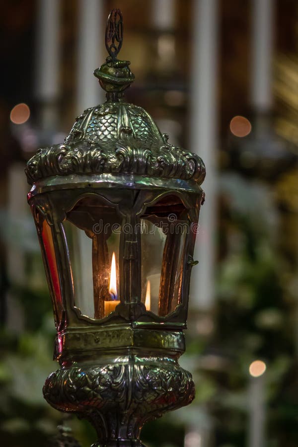 Illuminated Silver Lantern with Glowing Flame Stock Image - Image of ...