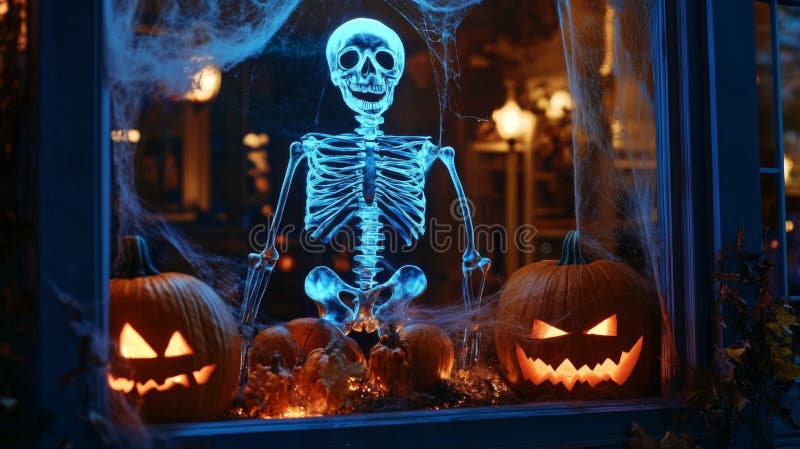 Illuminated Skeleton and Jack-o -Lanterns in Window Display Stock ...