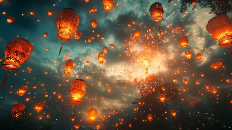 Illuminated Sky Lanterns Ascending Amidst Fireworks Display Stock ...