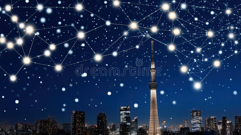 Illuminated Skyline of a Modern City Features Glowing Graphs and ...