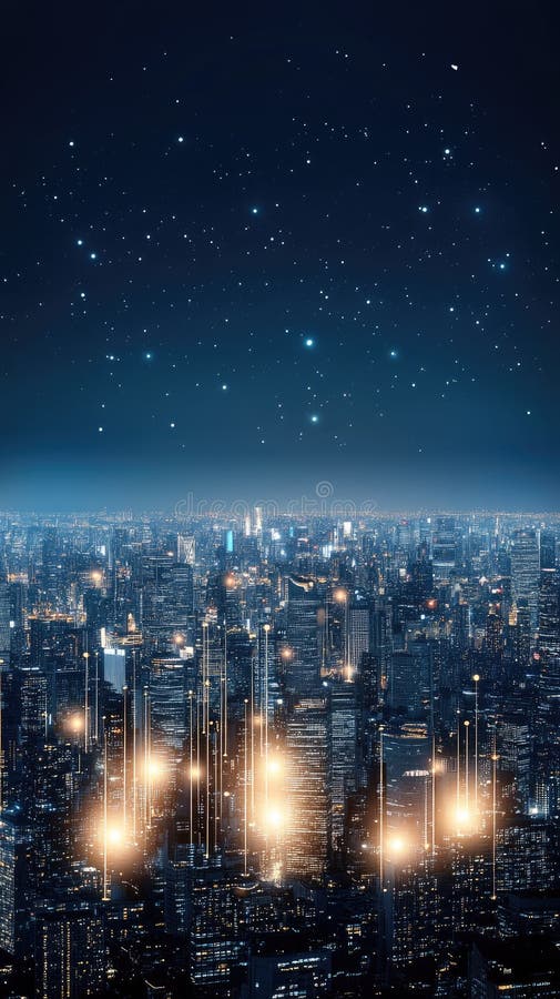 Illuminated Skyline of a Modern City Features Glowing Graphs and ...