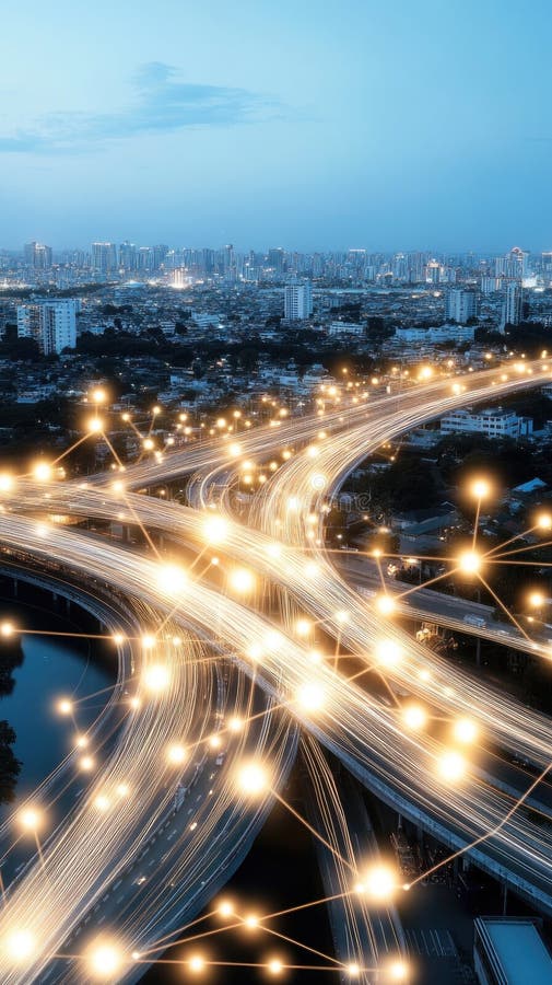 Illuminated Skyline of a Modern City Features Glowing Graphs and ...