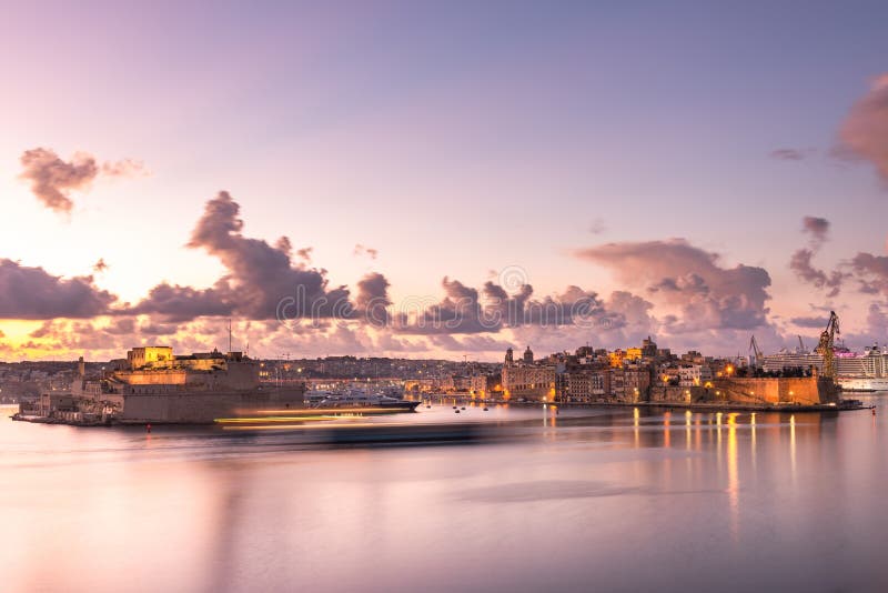 Illuminated Skyline of Senglea at Sunrise,Malta. One of Three Cities in ...