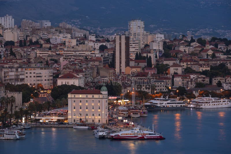 Split at night, Croatia stock photo. Image of archaeological - 53574952