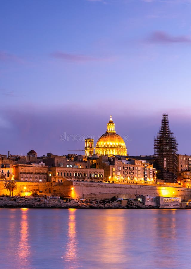 Illuminated Skyline of Valletta Capitol of Malta at Sunset Stock Photo ...
