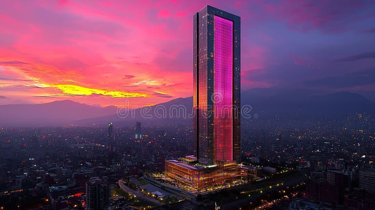 Illuminated Skyscraper at Sunset Over Cityscape with Mountain Backdrop ...